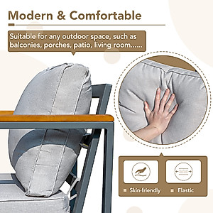 Devoko 4 Pieces Patio Furniture Sets Outdoor Conversation Set Acacia Wood Sofa Set with Coffee Table Thicker Sponge Cushion