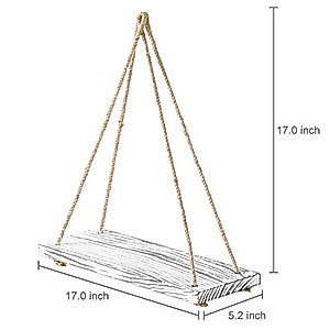 MyGift 17-inch Whitewashed Wood Hanging Swing Rope Floating Shelves - Farmhouse Rustic Triangle Wall Plant Shelf, Set of 2