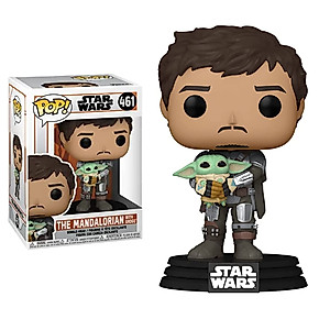 Funko Pop Bundle - 1 Star Wars: The Mandalorian - Mandalorian (Din Djarrin) Holding The Child (Grogu) Vinyl Figure with PET Plastic Box Protecter