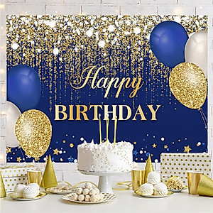 Aperturee Blue and Gold Happy Birthday Backdrop 7x5ft Glitter Golden Dots Diamonds Balloons Women Girls Sweet 16 Bday Photography Background Party Decorations Cake Table Banner Photo Booth Props