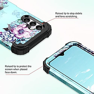 Casetego for Galaxy A14 5G Case,[2 Pack Tempered Screen Protector+2 Pack Camera Lens Protector],Floral Three Layer Heavy Duty Sturdy Shockproof Full Body Protective Case for Samsung A14,Blue Flower
