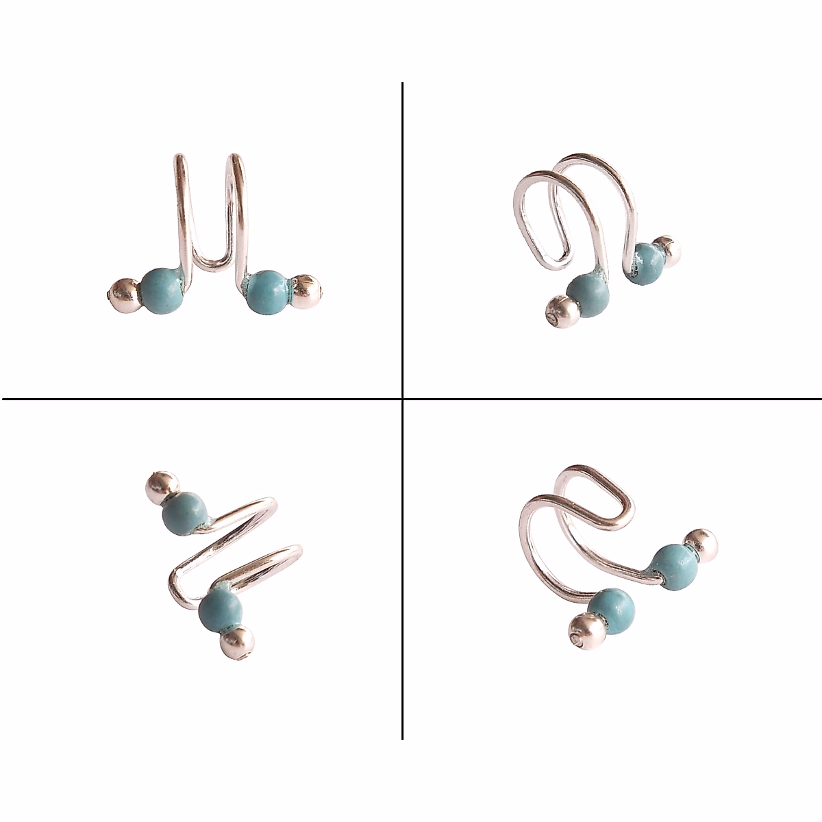 Handmade Silver Wire 2Pcs Adjustable Ear Swirl & Turquoise Ear Cuffs Non-Piercing Earring, 925 Sterling Silver, Fake Cartilage Helix Non-Pierced Ear Wrap Clip on for Women, By Miya Jewelry