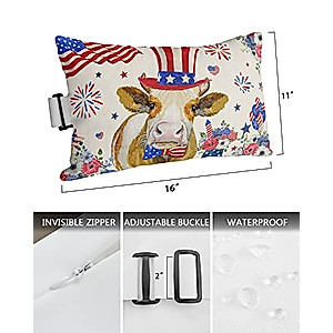 Recliner Head Pillow Ledge Loungers Chair Pillows with Insert Independence Day USA Flag Cow Poppies Linen Lumbar Pillow with Adjustable Strap Outdoor Waterproof Patio Pillows for Beach Pool, 2 PCS