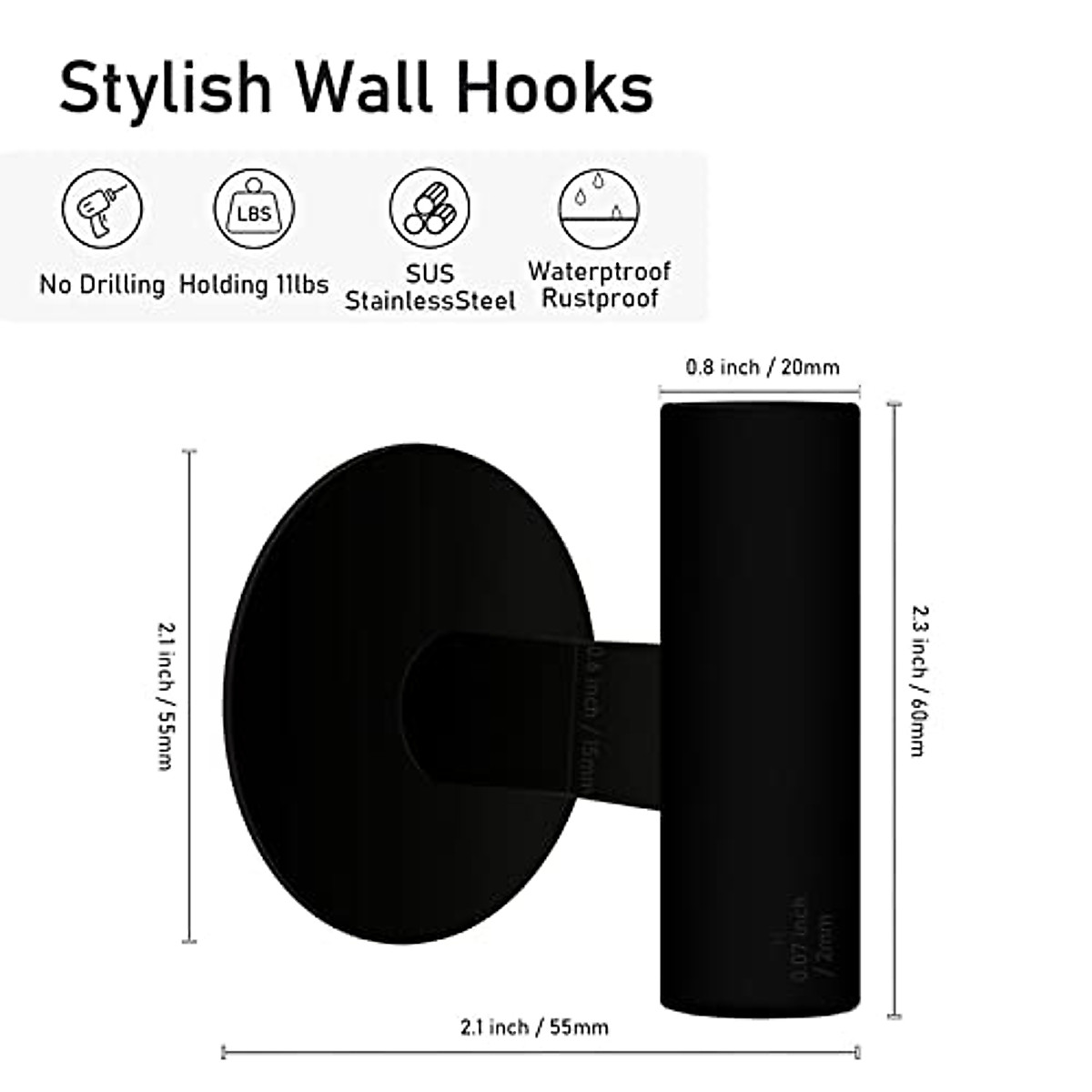 Towel Hook for Bathrooms Adhesive 2 Packs, Coat Hooks for Hanging Clothes, Heavy Duty Robe Towel Hangers for Shower Door Wall Mounted, Key Holder Wall Command Hook for Kitchen (Matte Black)