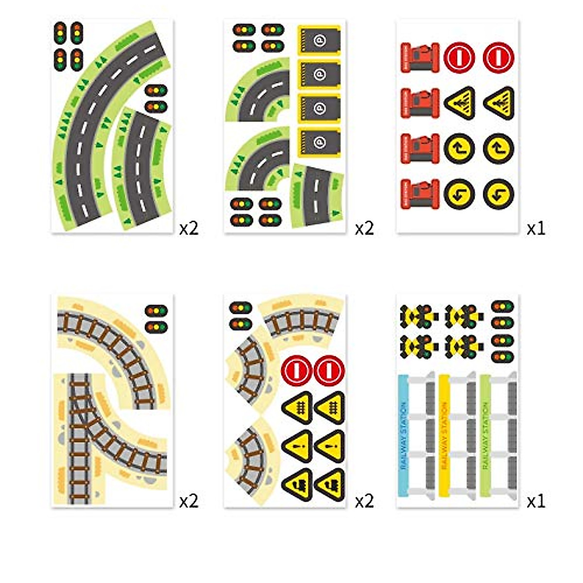 Clorful Imaginative Road Tape for Kids Toy Cars, 2 Rolls of 16.4ft x2.4 inch Adhesive Railway & Highway Tracks with Traffic Signs and Curved Roads.