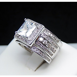 Beverly Bridal Wedding Ring Set For Women 3 Piece Large Engagement Ring Two Matching Anniversary Bands Square Halo Design White Gold Plated Cubic Zirconia Princess Cut Center Stone