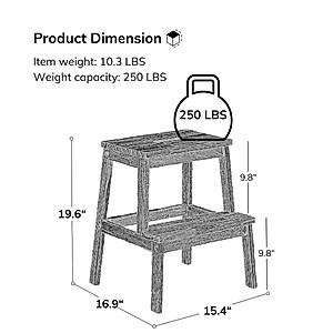 2 Step Ladder Stool Hard Wood,JULYFOX 20 inch Height Non-Slip Bed Stepstool with Anti-Slip Bottom Bathroom Stool Wood Step Stairs 350lbs Heavy Duty for Adults Kids