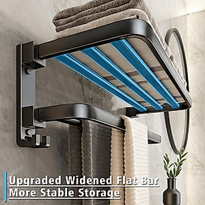 Towel Racks for Bathroom 24in, Grey Towel Rack Wall Mounted, Double Layer Foldable Bathroom Towel Rack, Widen Towel Shelf with Flat Towel Bar for More Stable Storage (Black)