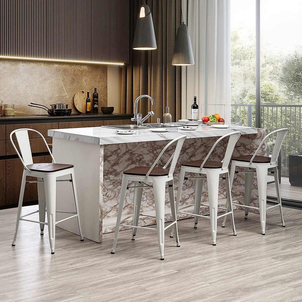 Aklaus Metal Bar Stools Set of 4, 24 inch Counter Height Bar Stools with Backs, Farmhouse Style, Larger Seat, High Back Kitchen Dining Chairs, Cream White Stool