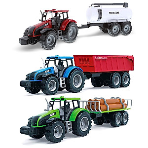Mozlly Friction Powered Farm Tractor Trailer Toy Set - 16-inch Tractor Trailer Toys for Boys and Girls, Red Water Tank, Blue Farm Tractor, and Green Log Truck Toy, Farming Tractors Playset (3 Sets)