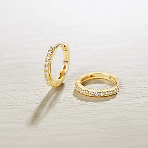 Carleen Gold Hoop Earrings 14K Gold Plated 925 Sterling Silver Hoop Earrings Round Cut Cubic Zirconia CZ Simulated Diamond Small Hinged Cartilage Earrings for Women Valentines Day Gift, 13mm