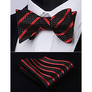 HISDERN Bow Ties for Men Red Bow Tie Self Tie Stripe Bowtie Handkerchief Set Adjustable Formal Tuxedo Black Polka Dot Bowties & Pocket Square Wedding