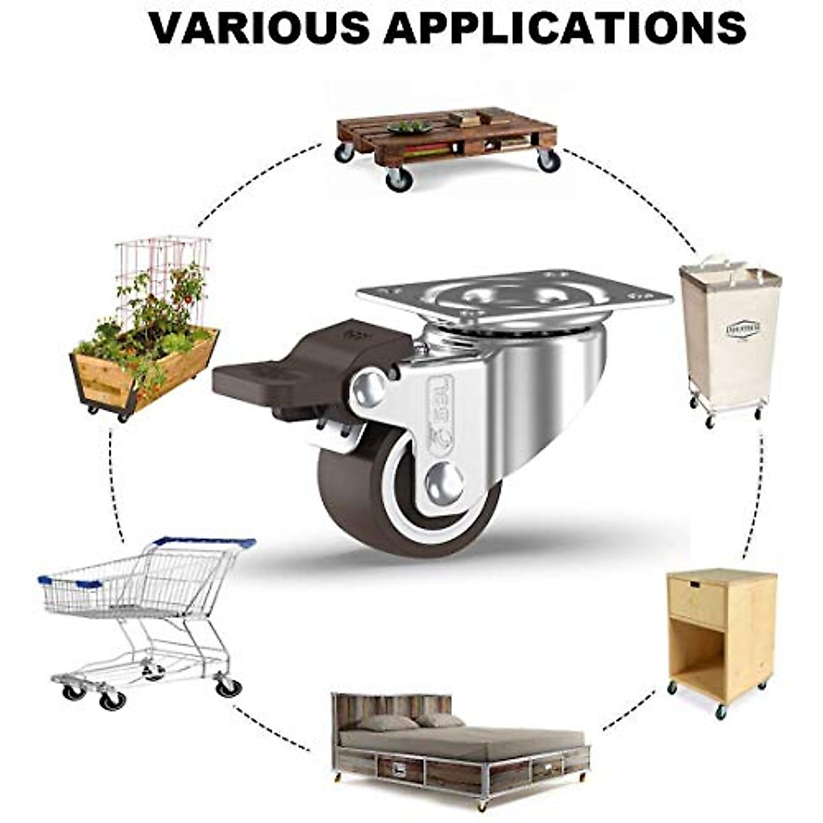 GBL 1" inch Small Caster Wheels with 2 Brakes + Screws - 90Lbs - Low Profile Castor Wheels with Brakes - Set of 4 No Floor Marks Silent Casters - Mini Wheels for Cart