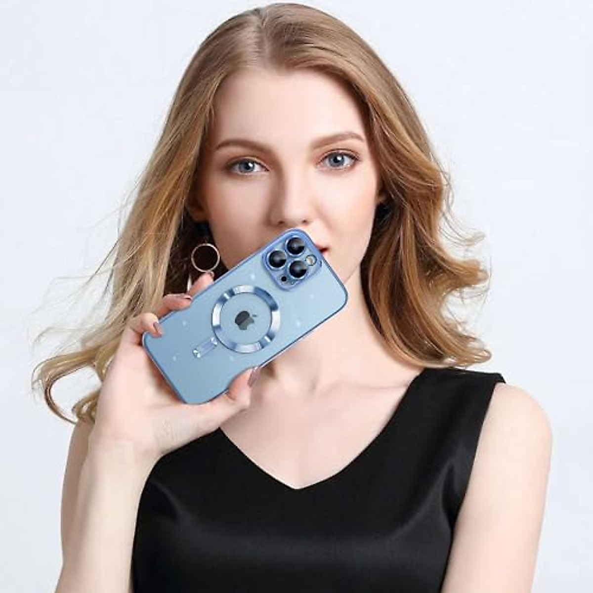 XSINOLI for iPhone 13 Pro Max Phone Case Magsafe, Magnetic Clear Case with Screen Protector and Camera Cover, Transparent Electroplated Case for Women/Girl/Men (Blue)