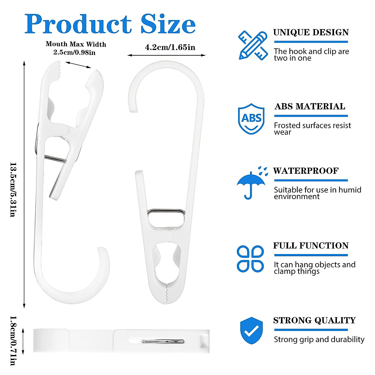 GEEHUA Laundry Hooks with Clips, Portable Towel Hanging Clip Clothes Pins Bra Clips Closet Orangizing Clips Hat Clip Durable Curtain Boot Hangers Clip for Travel Pants Socks Handbags(White)