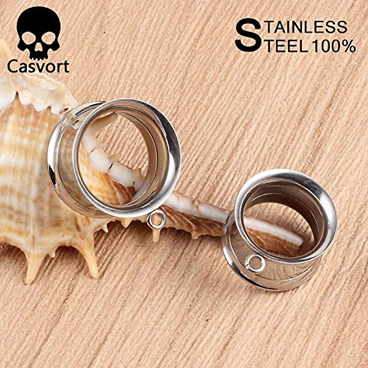 Casvort 6 PCS 8mm (0g) Hypoallergenic 316 Stainless Steel Hot Silver Gold Black Ear Piercing Tunnels for Dangles DIY Ear Gauges Wedding Women Body Jewelry