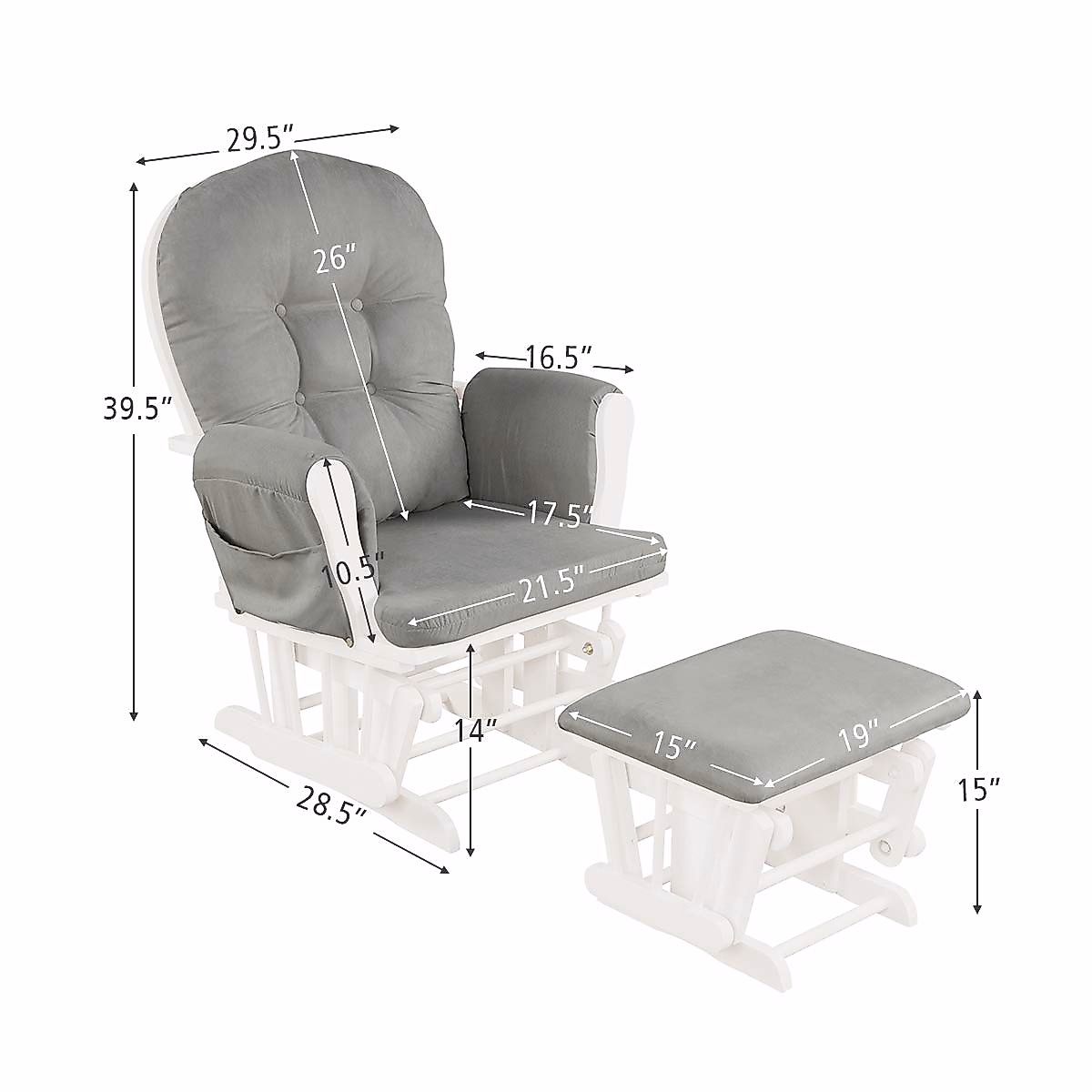 Costzon Nursery Glider with Ottoman, Upholstered Comfort Glider Rocker with Padded Cushion, Storage Pocket, Solid Wood Base, Rocking Chair Nursery for Breastfeeding, Maternity, Napping (Light Gray)