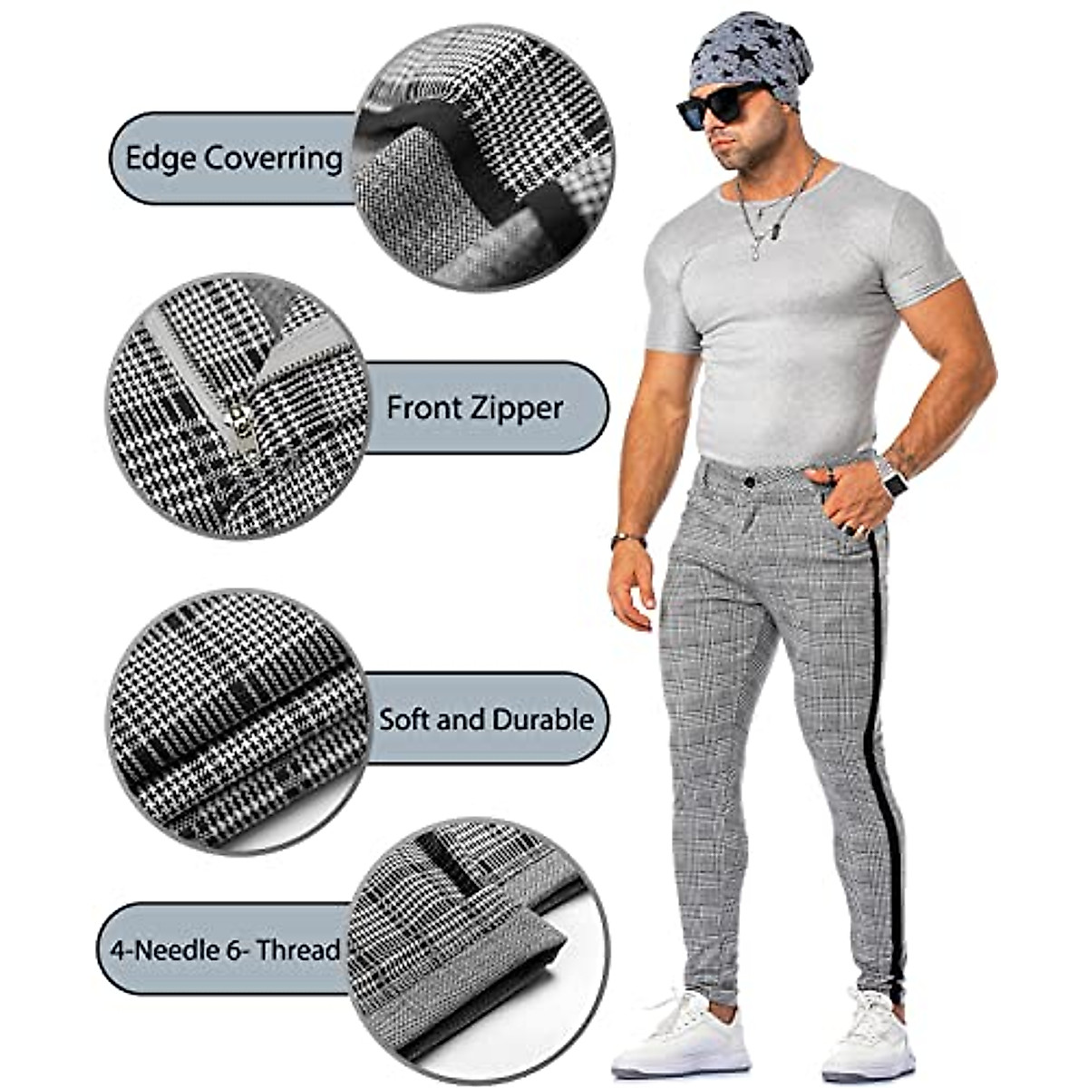 CANGHPGIN Mens Plaid Stretch Dress Pants Slim Fit Skinny Chino Pants Tapered Men Checkered Business Casual Pants Gray