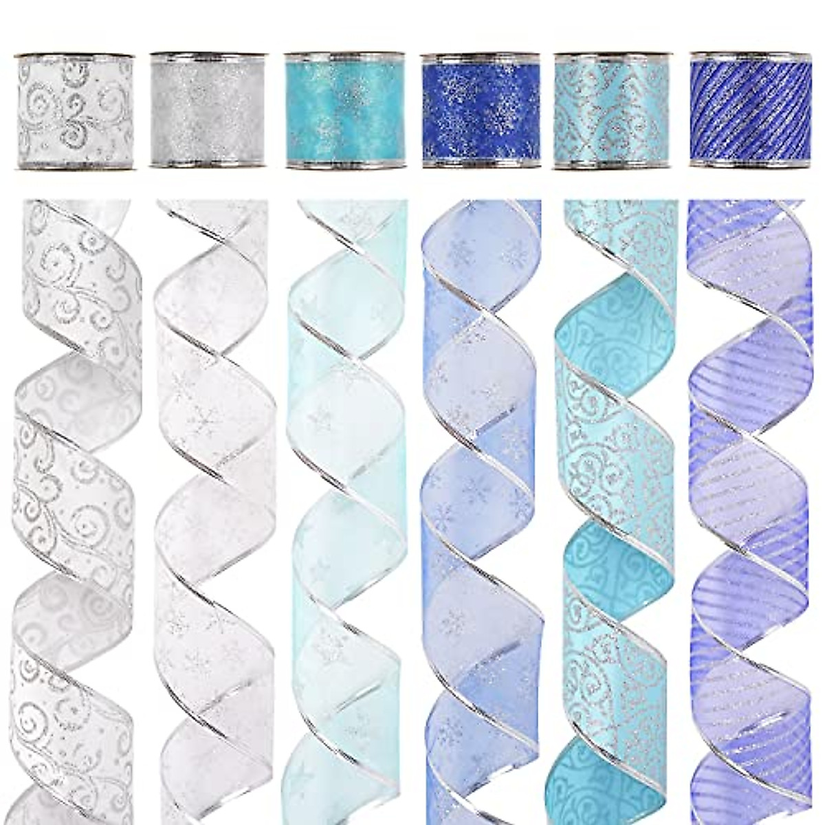 AIMUDI Blue and Silver Christmas Ribbon Wired 2.5" Ice Blue Christmas Tree Ribbon Garland 6 Rolls 36 Yards Turquoise Blue Ribbon for Christmas Tree Topper Bows, Crafts, Gift Wrapping, Wreaths