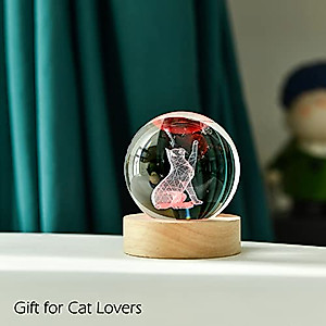 Cat Lover Gifts for Women 3D Cat Figurines in Crystal Ball 60mm Decor Cat Collectibles Snow Globes Gift Glass Sphere Home Decor with Wooden Light Base
