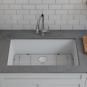 32" x 19" Quartz Kitchen Sink, Single Bowl Kitchen Sinks, Drop in Kitchen Sink, Granite Composite Kitchen Sink, Undermount Sink, Galaxy White Kitchen Sink, Includes Grid, Strainer, Flange LP-1000-W