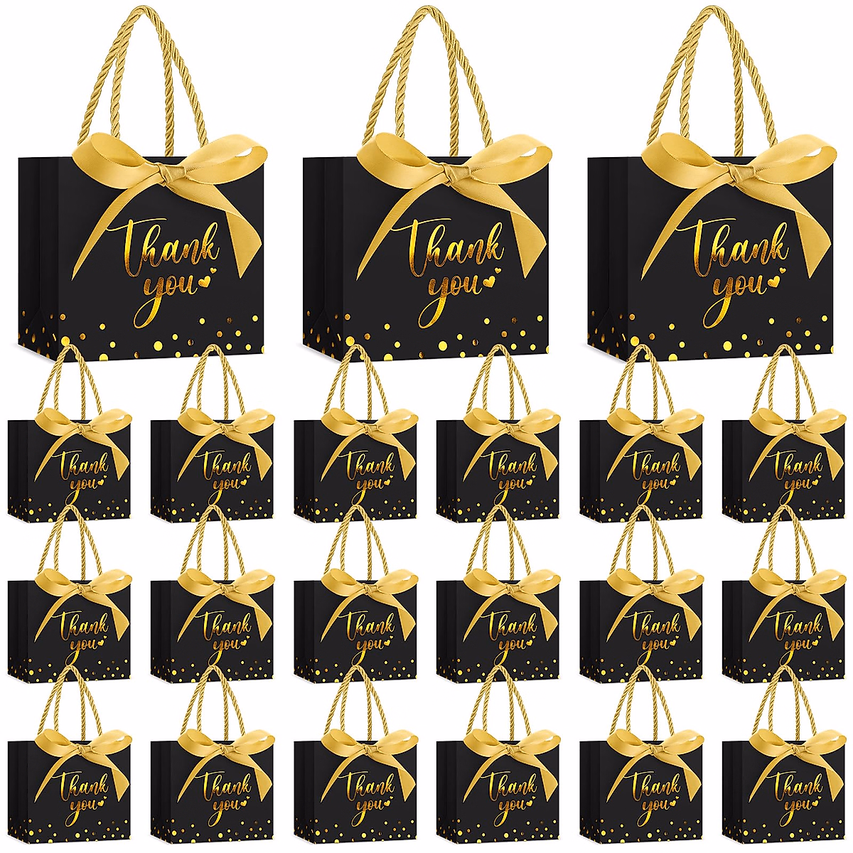 Jetec 45 Pcs Mini Paper Gift Bag Bulk 5.5x4.7x2.5'' Thank You Gift Bag with Handle Small Favor Bag with Bow Ribbon for Christmas Wedding Baby Bridal Shower Birthday Party(Black/gold)