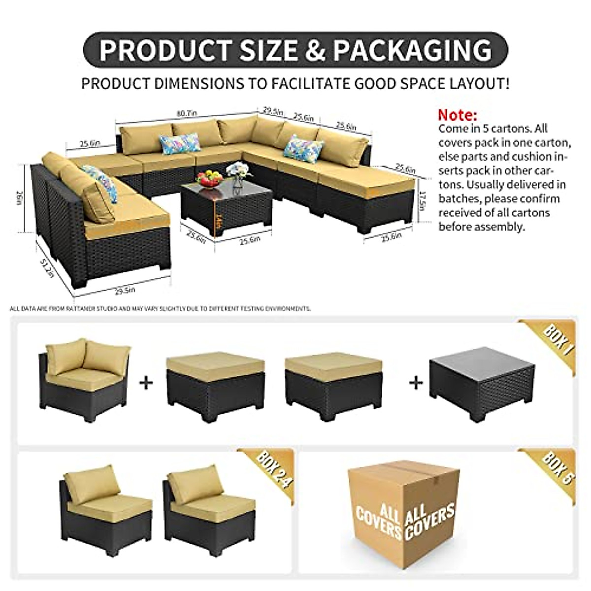 Patio Sectional Furniture Set 10-Piece Outdoor Wicker Conversation Sofa Couch with Olive Green Non-Slip Cushions Furniture Cover Black PE Rattan