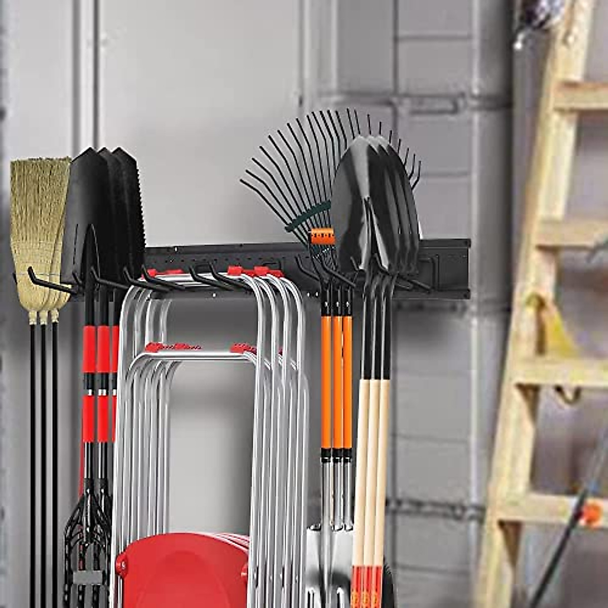 Garage Tool Storage Rack, Heavy Duty Wall Mounted Tools Organizer, Steel Garden Tool Storage System, Shovel Holder Organization Hanger with 6 Double-Hooks, 49.5inch Tracks Max Load 300lbs