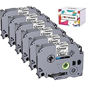 Hehua Tz Tape 12mm 0.47 Laminated Clear TZe-131 TZe131 Compatible for Brother Label Maker Tape 12mm 0.47 Clear TZ-131 TZ131 for Ptouch PT D210 D200 D220 D600 PTH110, 1/2'' Black on Clear, 6 Pack