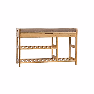 C&AHOME Shoe Bench Bamboo, 3-Tier Shoe Organizer with Cushion, Shoe Rack Bench for Entryway, Max Load 270 LBS, Removable Seat Cushion Bench, Ideal for Entryway, Hallway, Living Room, Bedroom, Natural