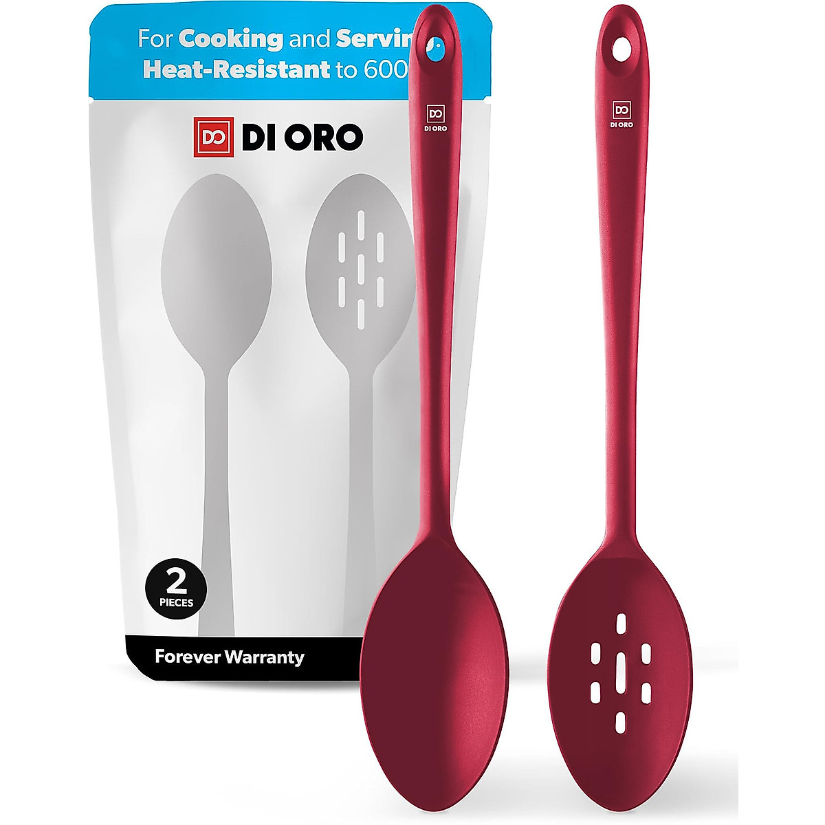 DI ORO Silicone Spoons for Cooking - Large Kitchen Spoons for Mixing, Serving, & Stirring - 600°F Heat-Resistant Non Stick Utensils – Big Solid & Slotted Basting Spoons - Dishwasher Safe (2pc, Red)