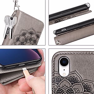 Vofolen Case for iPhone XR Case Wallet Card Holder Leather PU Flip Cover Folio Detachable Magnetic Slim Shell Dual Layer Heavy Duty Protective Bumper Armor Wristband for iPhone XR 10R Mandala Grey
