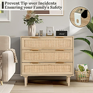 HOPUBUY 3 Drawer Dresser for Bedroom, Oak Rattan Dresser Closet Dressers Chest of Drawers, Light Wood Dresser 3 Drawer Storage Chest for Bedroom, Hallway, Living Room