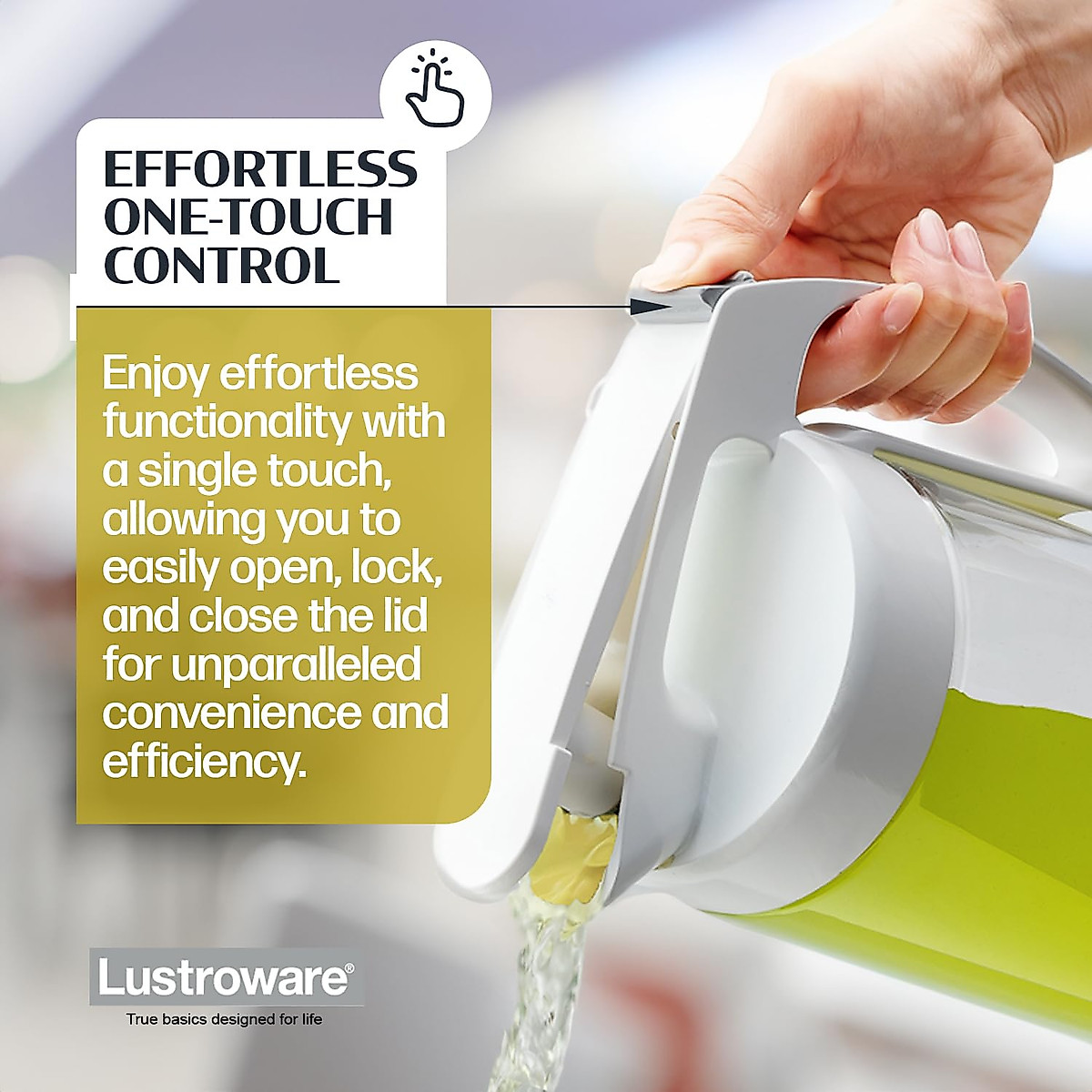 Lustroware QuickServe Airtight Pitcher - 2.1L (70oz), Heat Resistant, BPA-Free SAN Plastic, One Touch Open & Close, Space-Saving, Made in Japan - White