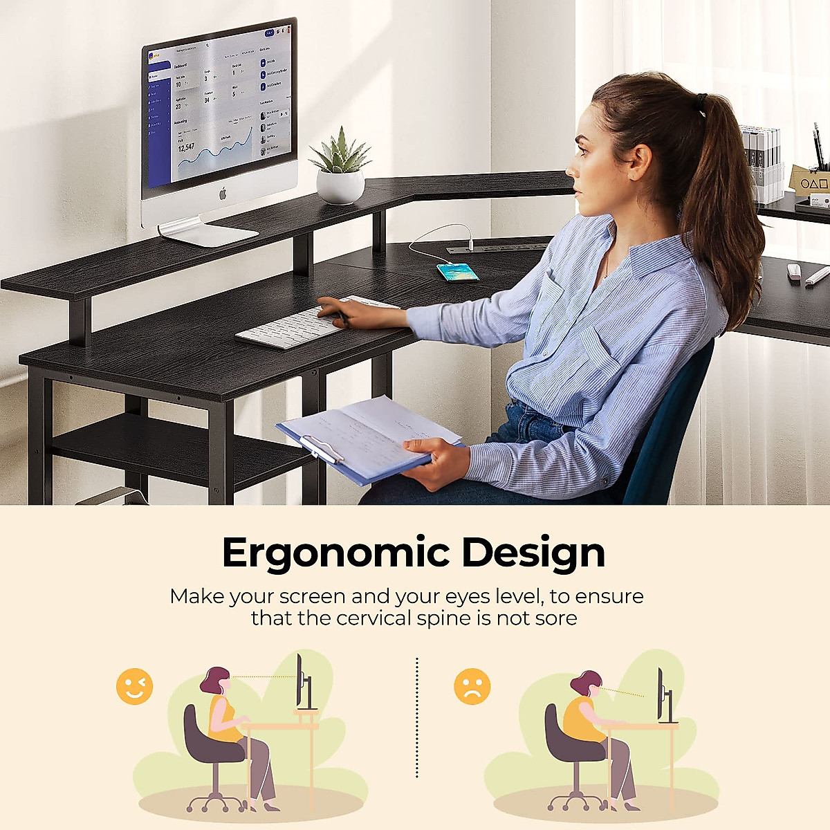 Rolanstar L Shaped Gaming Desk with LED Lights & Power Outlets, 46.2" Computer Desk with Full Monitor Stand & Storage Shelf, Corner Desk with Hooks, Black Desk Reversible