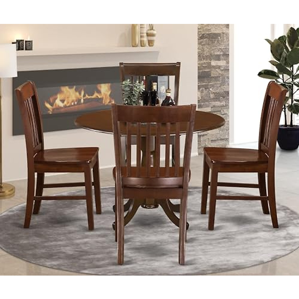 East West Furniture DLNO5-MAH-W 5 Piece Dining Room Table Set Includes a Round Dining Table with Dropleaf and 4 Wood Seat Chairs, 42x42 Inch, Mahogany