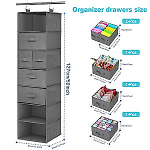 7-Shelf Hanging Closet Organizer with 5 Drawers, Hanging Closet Shelves Storage and 8 Mesh Pockets, Closet Organization and Storage for Wardrobe, Nursery, Baby, Underwear, Dorm,12.2*13.7*50''(Gray)