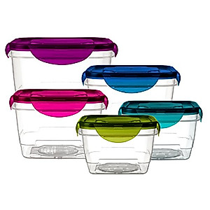 Imperial Home 10 Pc Food Storage Set, Plastic Containers for Food, Airtight Lock Lids, Reusable, Microwave, Refrigerator, & Freezer Safe, 100% Leak Proof, BPA-Free, Stain Resistant, Multicolor Square