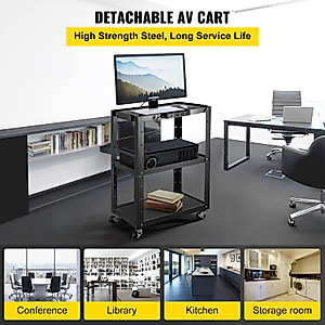 VEVOR Steel AV Cart, 24-42" Height Adjustable Media Cart with Electric Power Cord, 24 x 32 Presentation Cart with 3 Shelves, 150 LBS Rolling Projector Cart with and 2 Brakes Suitable for Load-Bearing