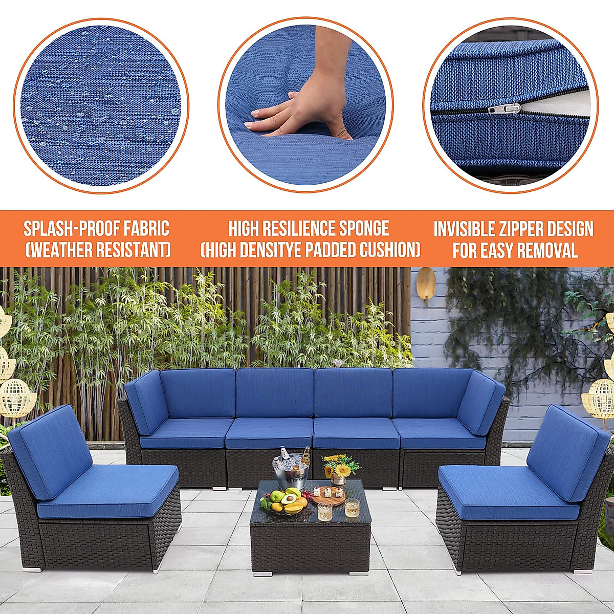 TiuBroe 7 Pieces Patio Furniture Sets, Outdoor PE Rattan Sectional Sofa Conversation Set, All Weather Conversation Set w/6 Seat Cushions and 1 Coffee Table (Dark Blue)