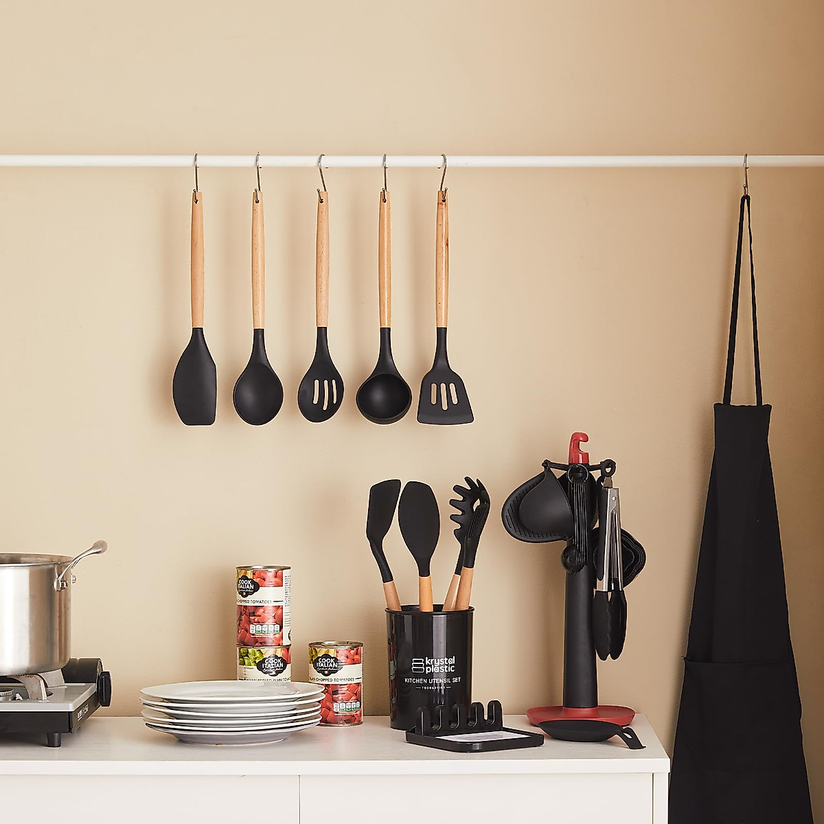 40 Pcs Cooking Utensils Set with Apron Silicone Turner Tong Spatula Spoon Kitchenware Organizer, BPA Free, Non-stick Heat Resistant Kitchen Gadgets Cookware with Natural Wooden Handle, Black