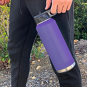 LaserGram 32oz Double Wall Flip Top Water Bottle With Straw, Soccer Ball, Personalized Engraving Included (Dark Purple)