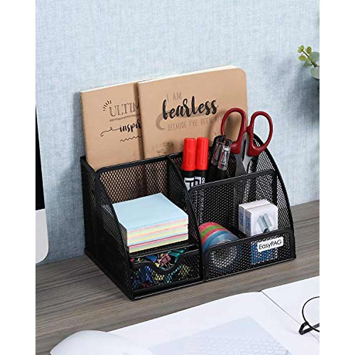 EasyPAG Desk Organizer Mesh Desktop Office Supplies Multi-functional Caddy Pen Holder Stationery with 6 Compartments and 1 Drawer for Office, Home, School, Classroom, Black