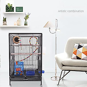 33 Inch Wrought Iron Bird Cage with with Play Open Top and Rolling Stand for Mid-Sized Parrots Cockatiels Sun Parakeets Green Cheek Conures (White)