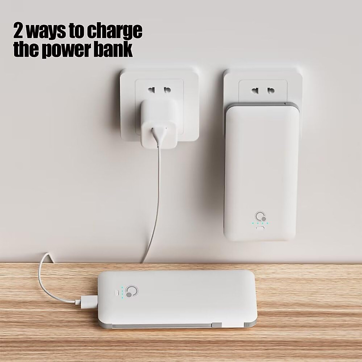 10000mAh Portable Charger, Q Slim USB C Power Bank, 4 Output 2 Input External Battery Pack with Built-in Cabels AC Wall Plug, Compatible with iPhone Samsung etc