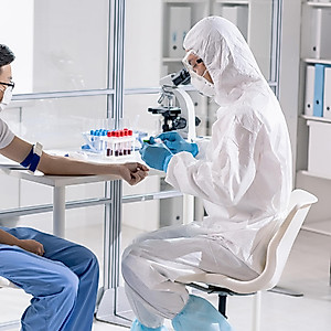 AMZ Disposable Coveralls with Hood, 3X-Large. Pack of 5 White Microporous Lab Coveralls Disposable. 60 GSM Painters Suit Disposable with Storm Flap Zipper Cover. Painters Suit Disposable. Hazmat Suit