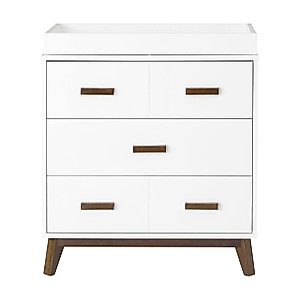 Babyletto Scoot 3-Drawer Changer Dresser with Removable Changing Tray in White and Natural Walnut, Greenguard Gold Certifie