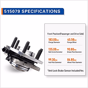 MACEL 515079 4WD Front Wheel Hub Bearing Assembly Compatible with 2004-2008 Ford F150, 2006-2008 Lincoln Mark LT 6 Lugs W/ABS