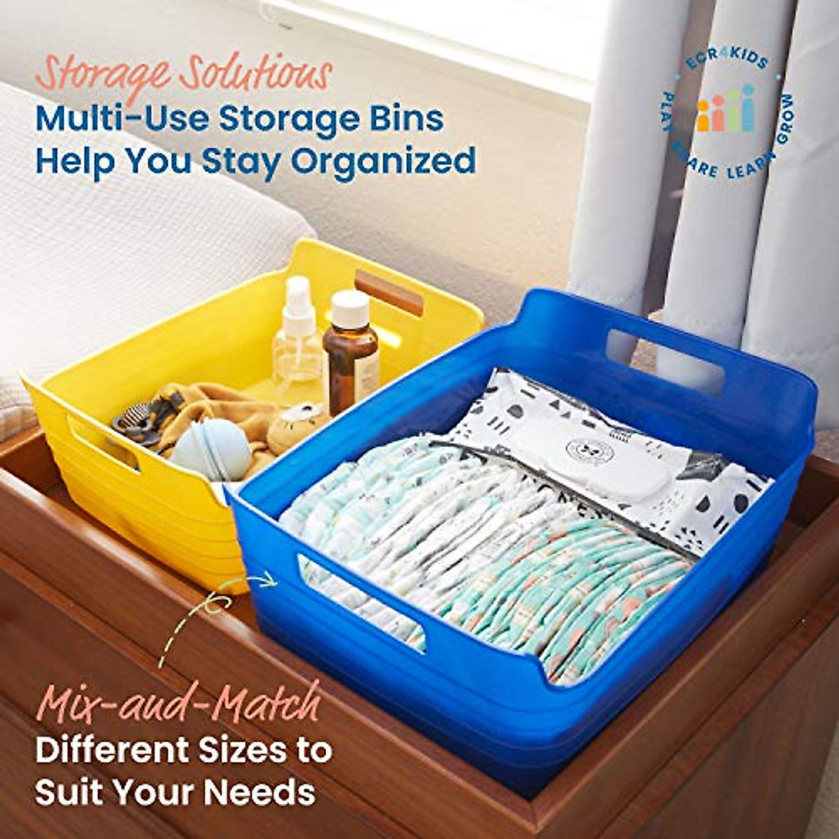 ECR4Kids Bendi-Bins with Handles, Multipurpose Flexible Plastic Storage Baskets, Stackable Baskets, Soft Plastic Storage Bin, 13in x 10in, 6-Piece - Assorted