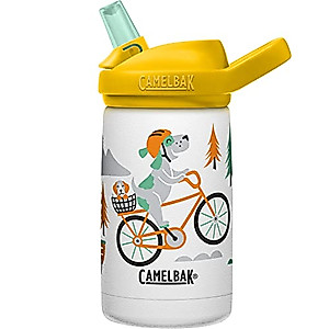 CamelBak Eddy+ Kids 12 oz Bottle, Insulated Stainless Steel with Straw Cap - Leak Proof When Closed,Biking Dogs & CamelBak eddy Kids Bite Valves, 4-Pack